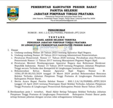 BKPSDM Pesisir Barat Umumkan Hasil Akhir Seleksi JPTP - JURNALPOLISI.ID
